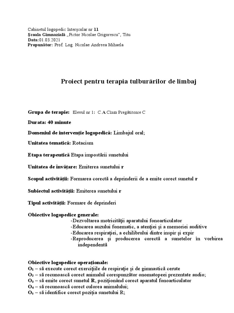 Proiect 1 Dislalie Emitere | PDF