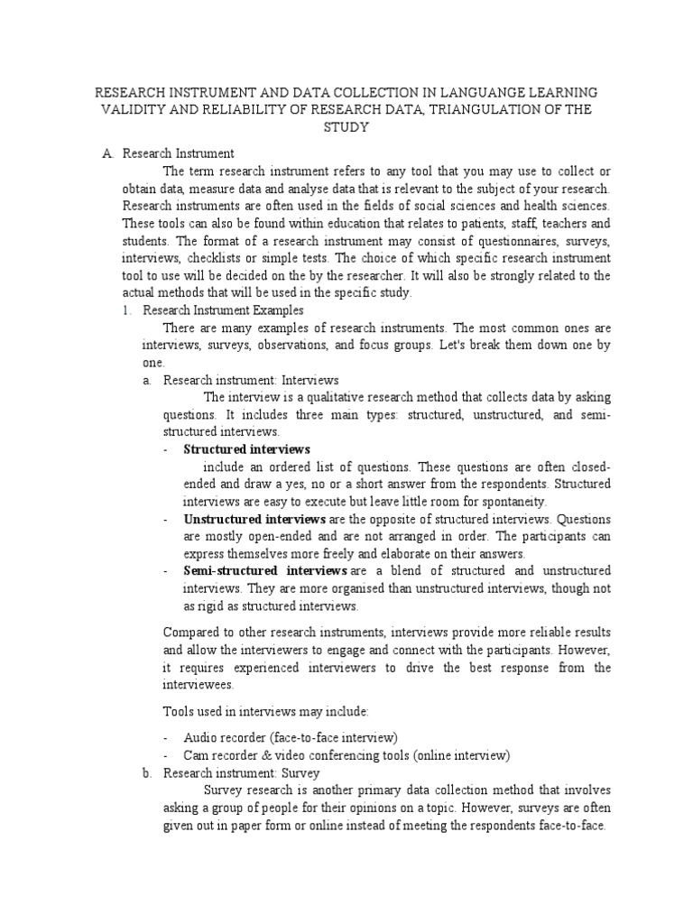 Research Instrument and Data Collection in Languange Learning Validity and Reliability of ...