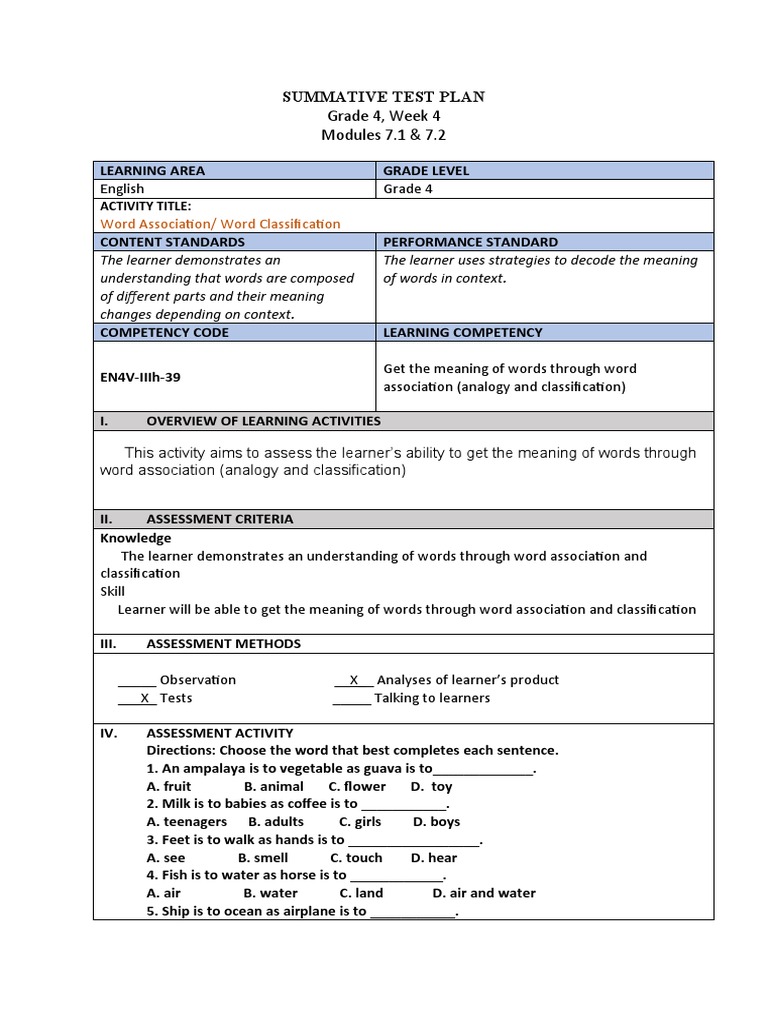 4th Summative Test | PDF | Rubric (Academic) | Learning
