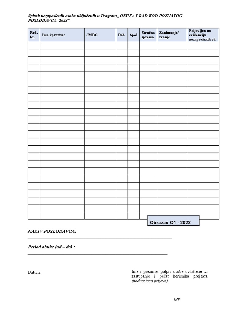 Obrazac O1 - 2023 | PDF