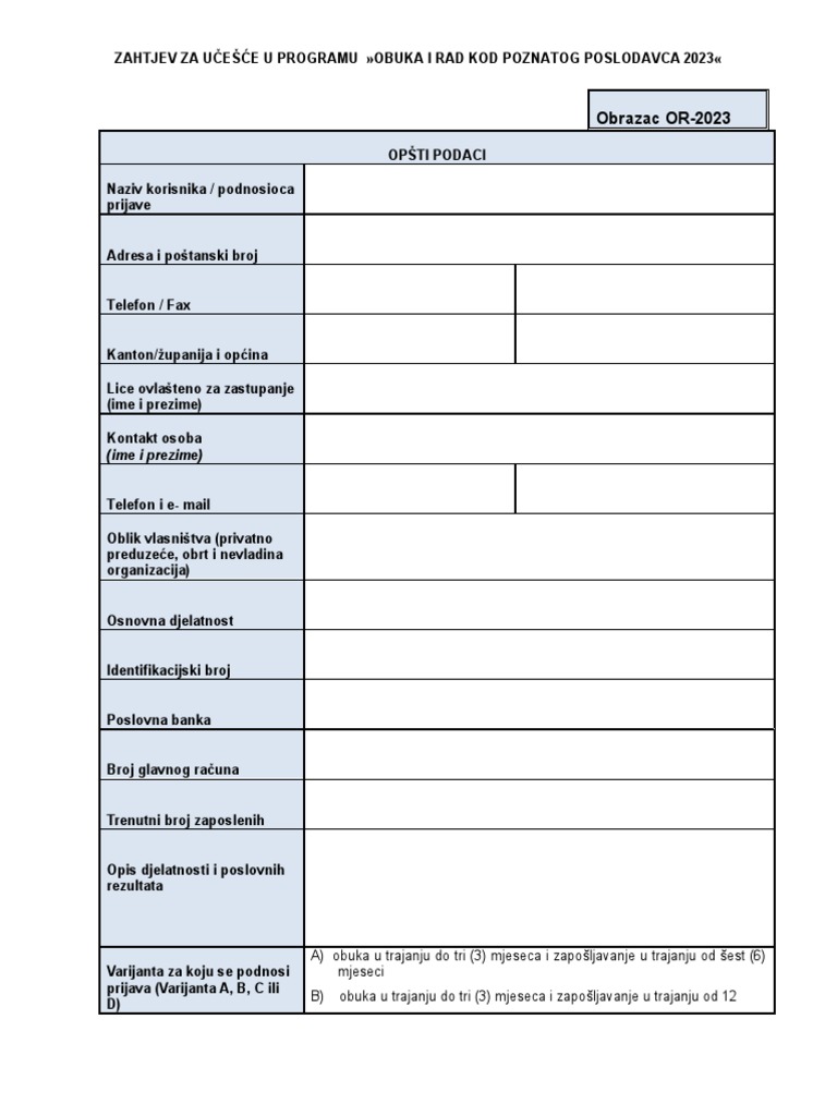 Zahtjev Za Učešće u Programu Obuka i Rad Kod Poznatog Poslodavca ...