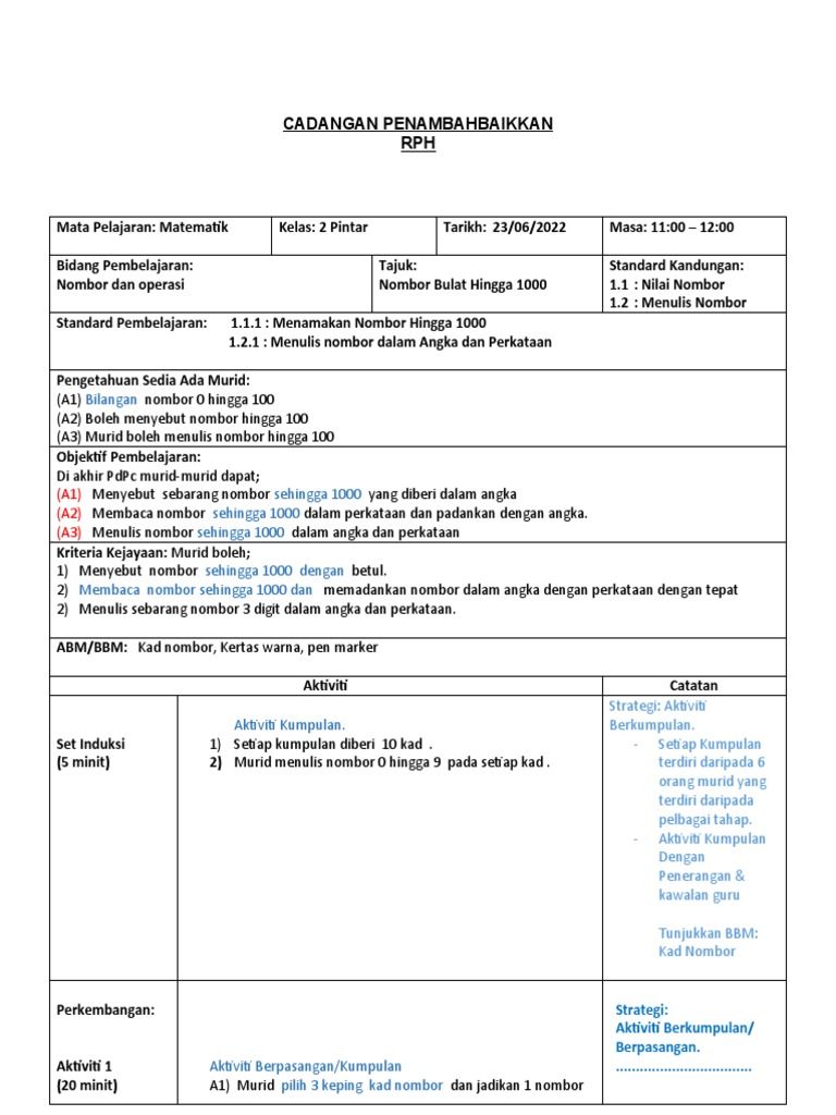 Template RPH Kumpulan 1 Cadangan Penambahbaikkan | PDF