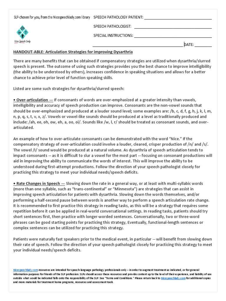 HANDOUT ABLE Articulation Strategies For Improving Dysarthria PDF | PDF ...