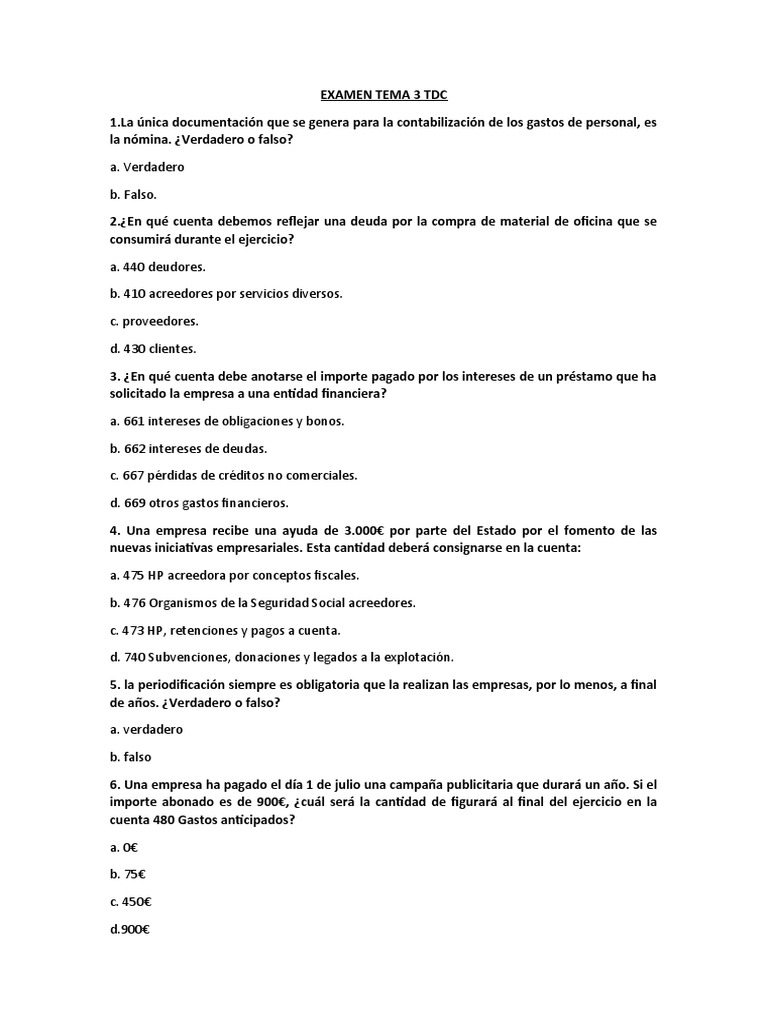 EXAMEN TEMA 3 y 4 TDC | PDF | Contabilidad | Salario