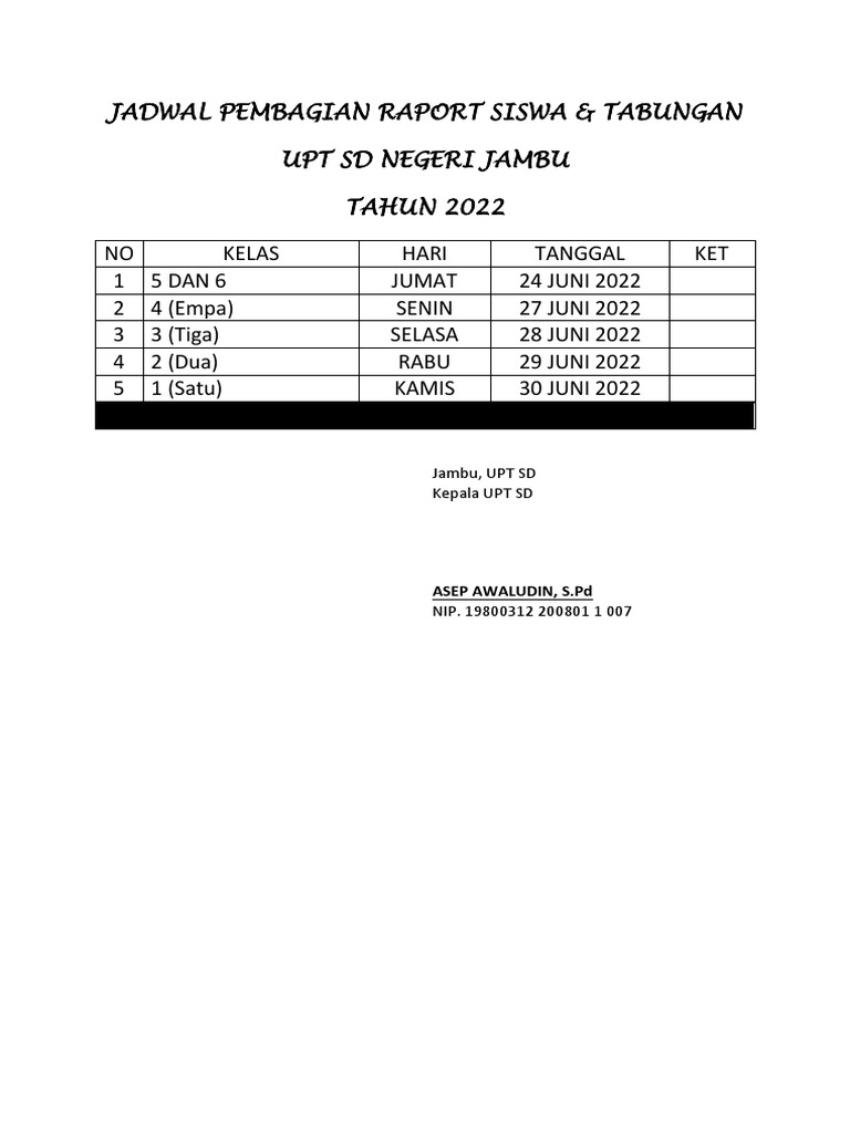 Jadwal Pembagian Raport Siswa PDF | PDF