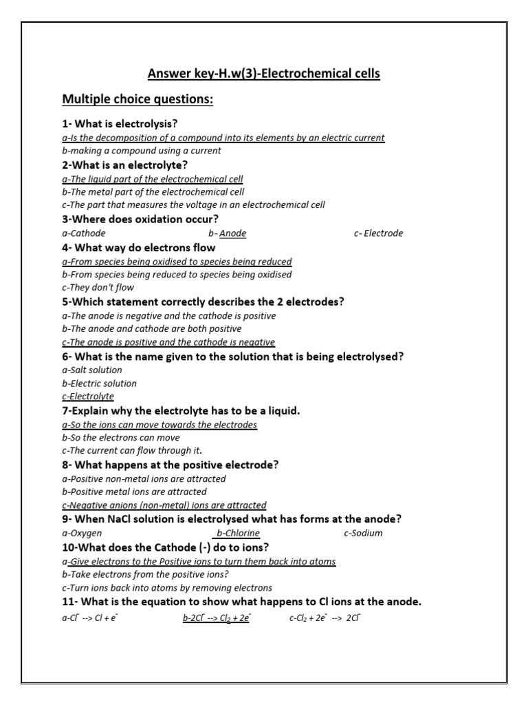 Answer Key H W 3 Electrochemical Cells G11 PDF PDF Anode Cathode