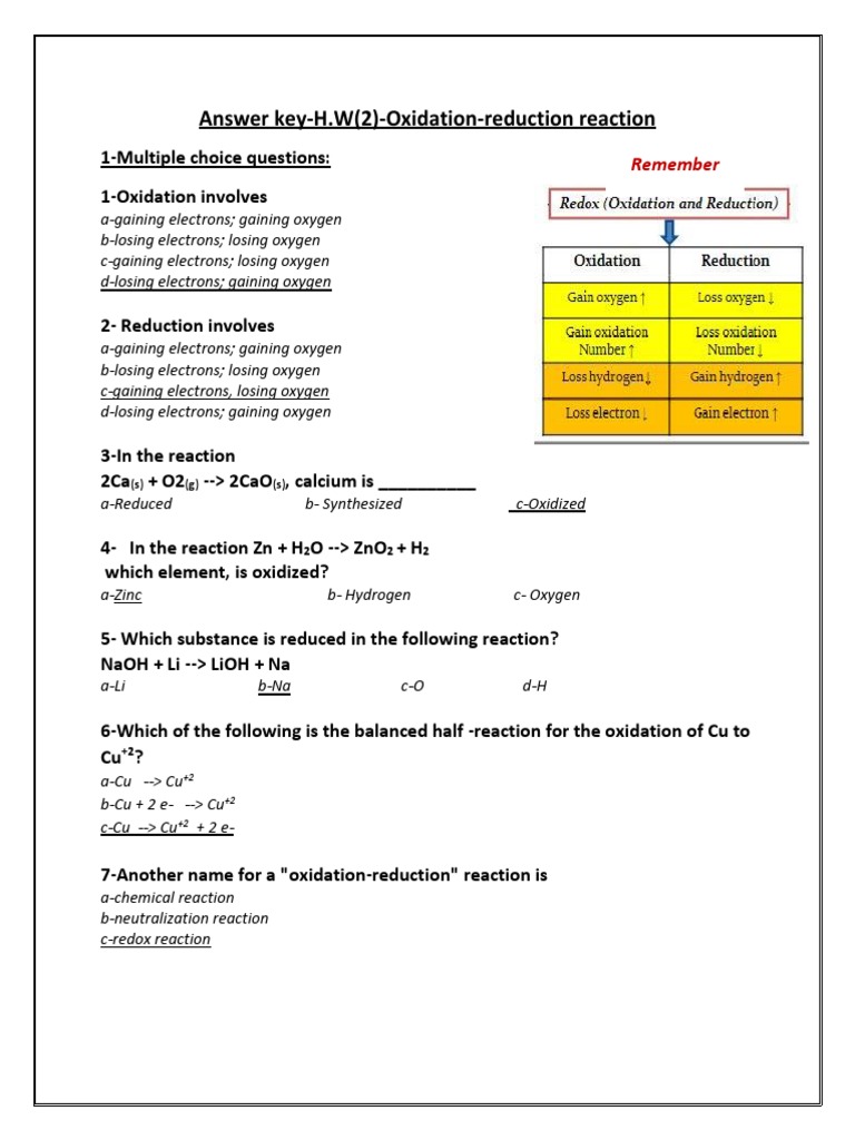 Answer Key-H.w (2) - Oxidation Reduction Reaction-G11 PDF | PDF | Redox ...