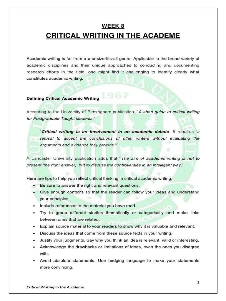 Week 8 - CRITICAL WRITING IN THE ACADEME PDF | PDF | Argument ...