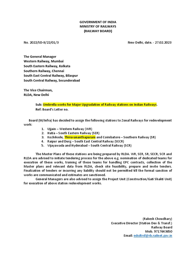 Draft Letter To Zonal Railway | PDF