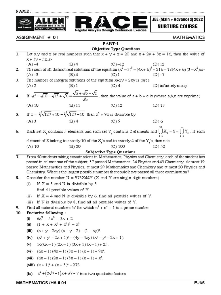 JEE Mathematics Assignment Overview | PDF | Area | Triangle