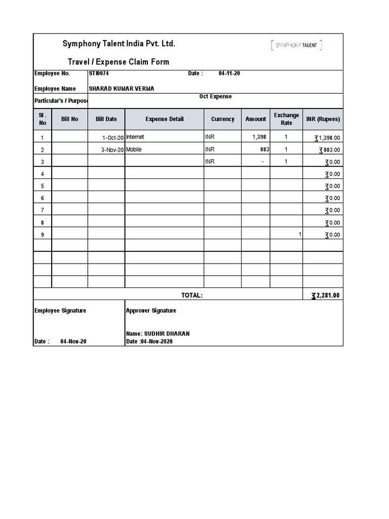Expense Claim Form and Supporting Documents for Sharad Kumar Verma ...