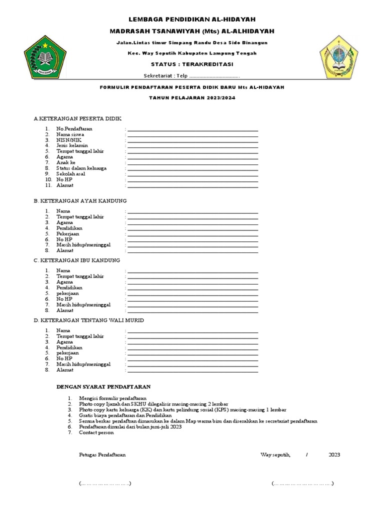 FORMULIR PENDAFTARAN Mts-ALHIDAYAH 2023 | PDF | Karier & Perkembangan