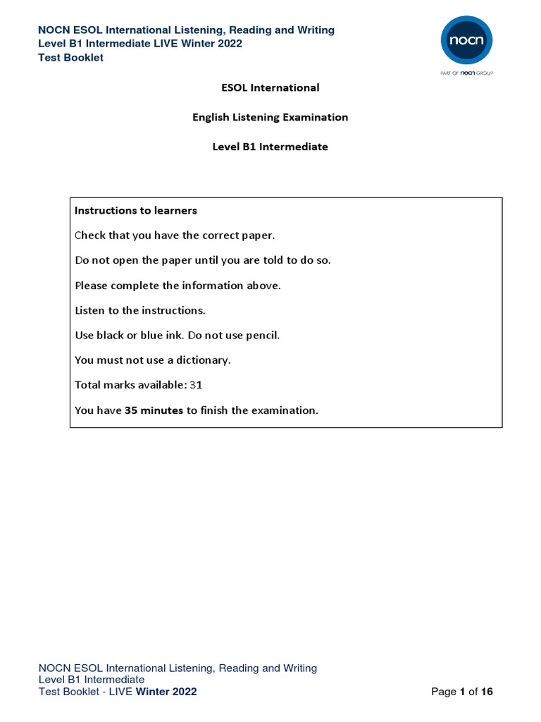 ESOL International English Listening Examination Level B1 Intermediate ...