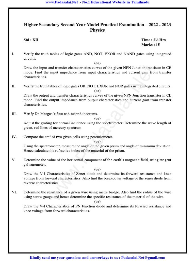 12th Physics Practical Exam 2023 Model Question Paper English Medium and Tamil Medium PDF ...