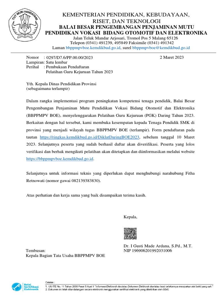 Pembukaan-Pendaftaran Diklat BBPPMPV BOE Malang | PDF