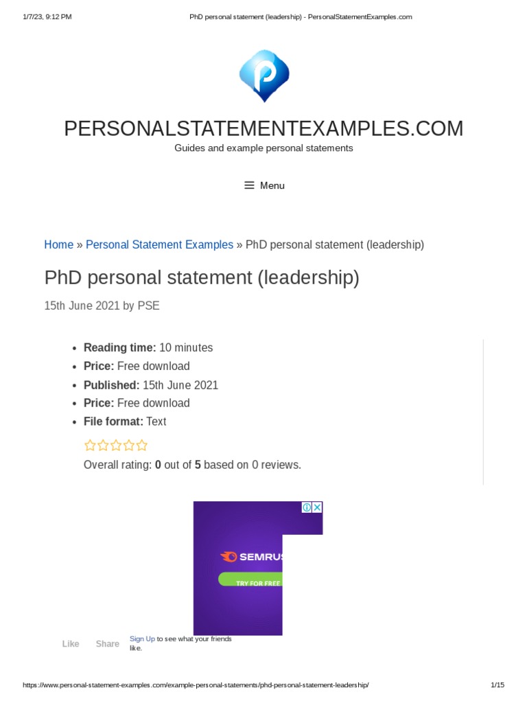 PHD Personal Statement (Leadership) | PDF | Organizational Culture ...