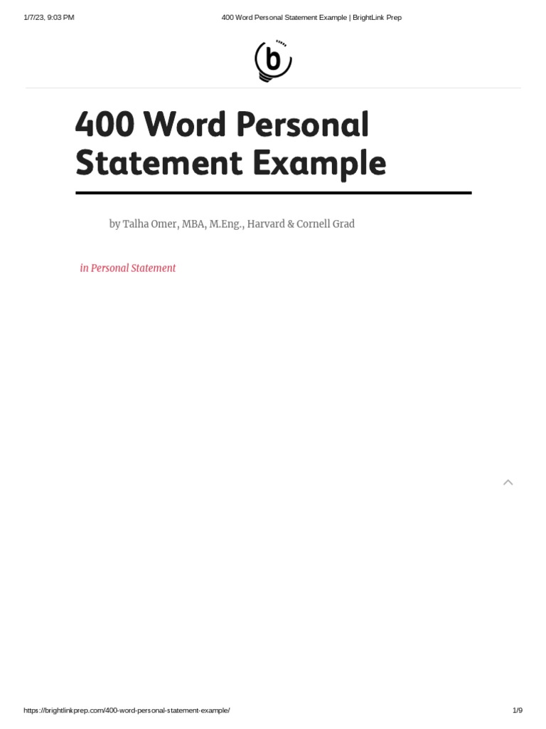 400 Word Personal Statement Example - BrightLink Prep | PDF ...