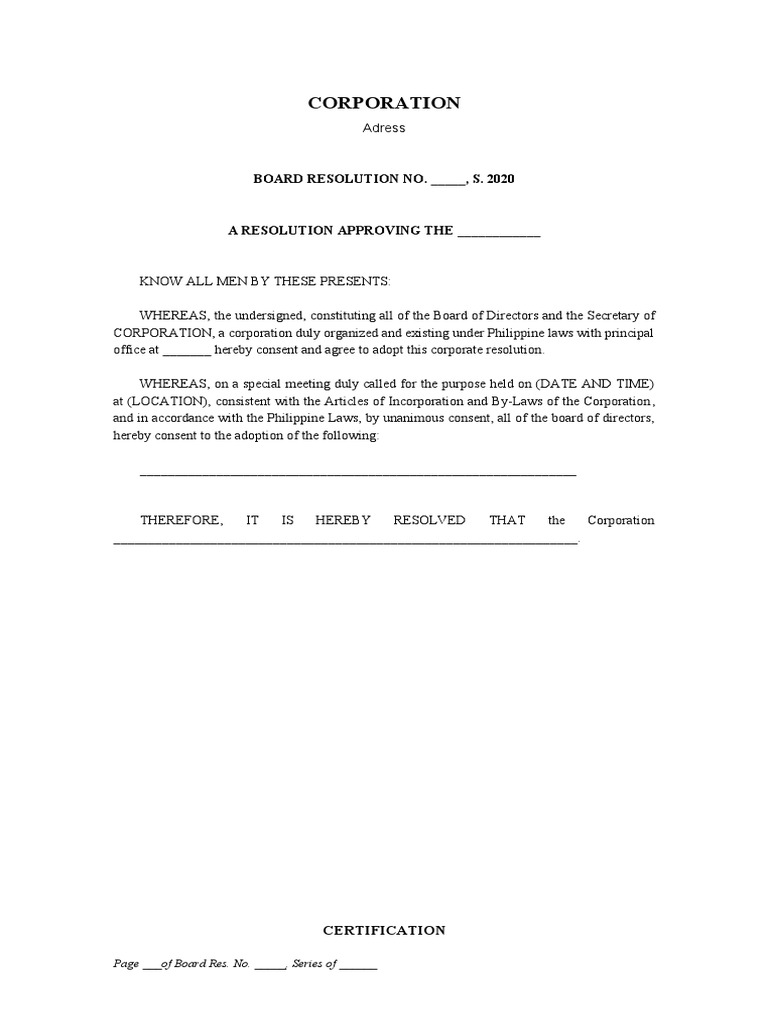 BOARD RESOLUTION of CORPORATION | PDF | Board Of Directors | Legal ...
