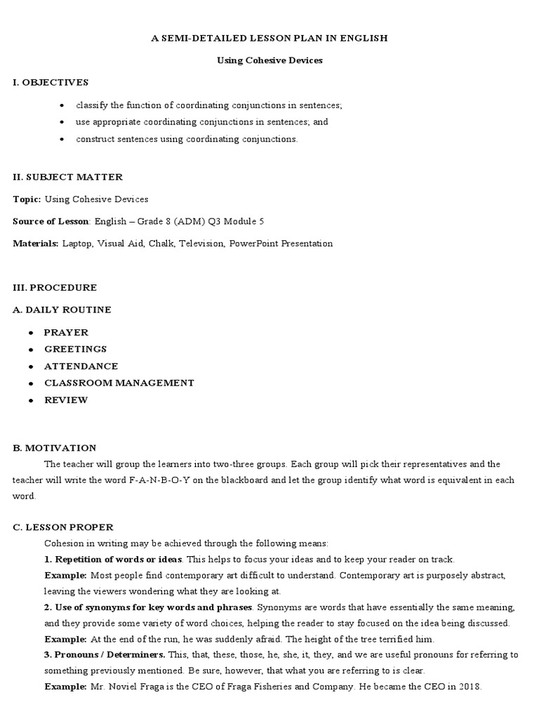 Grade 8 Conjunction Lesson Plan | PDF | Grammar | Human Communication