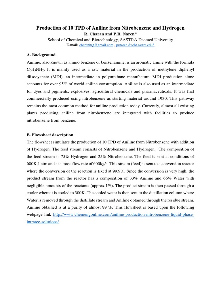 Production of 10TPD of Aniline From Nitrobenzene and Hydrogen | PDF