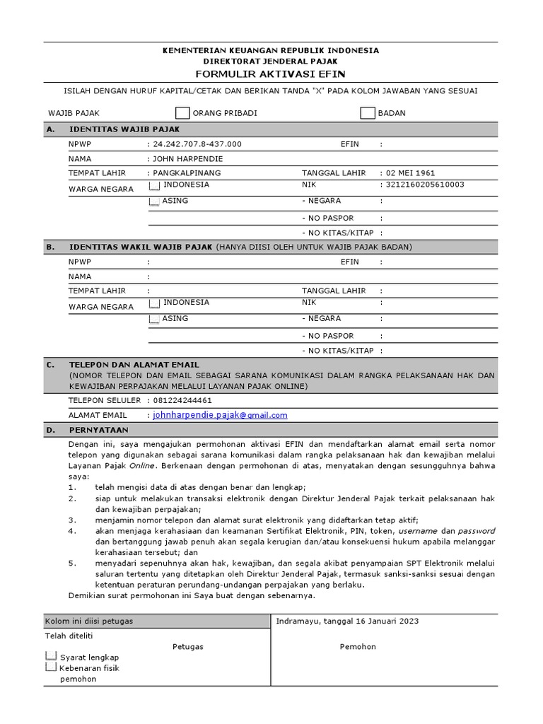 Formulir Aktivasi EFIN Pajak Indonesia | PDF