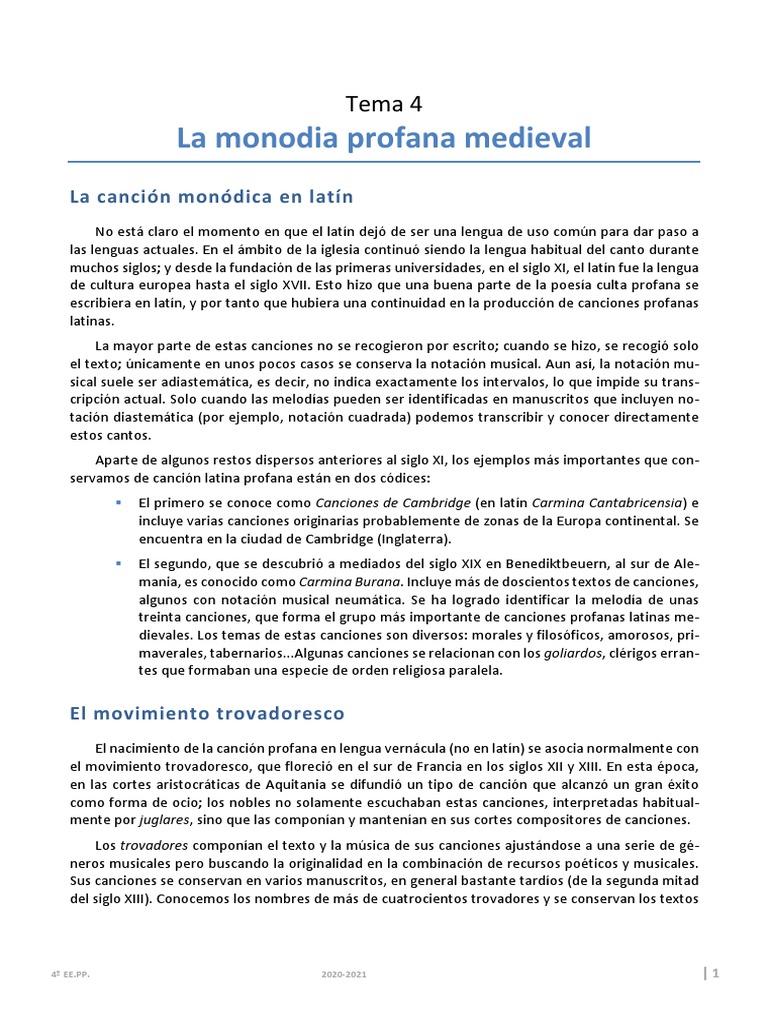Tema 4-La Monodia Profana Medieval PDF | PDF