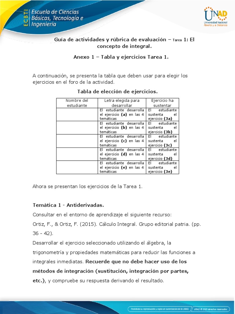 Anexo 1 - Tabla y Ejercicios Tarea 1 | PDF | Integral | Física Matemática