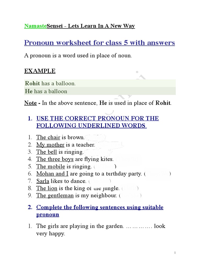 Pronoun Worksheet For Class 5 | PDF