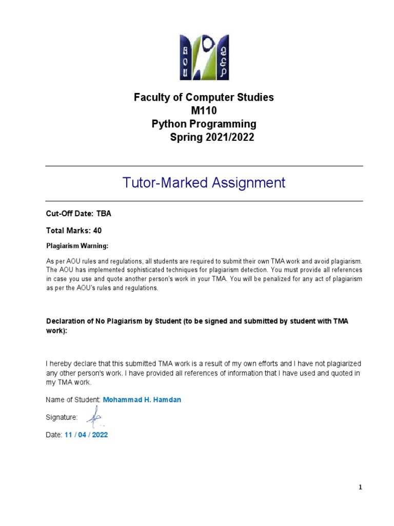 Python Programming TMA Spring 2021 | PDF | Integer | Integer (Computer Science)