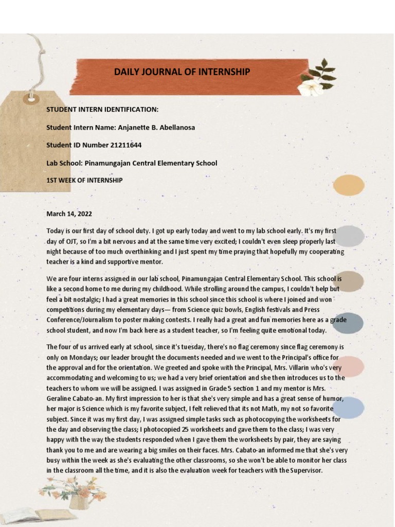 Abellanosa, Anjanette Daily Journal Week 1 | PDF | Teachers | Classroom