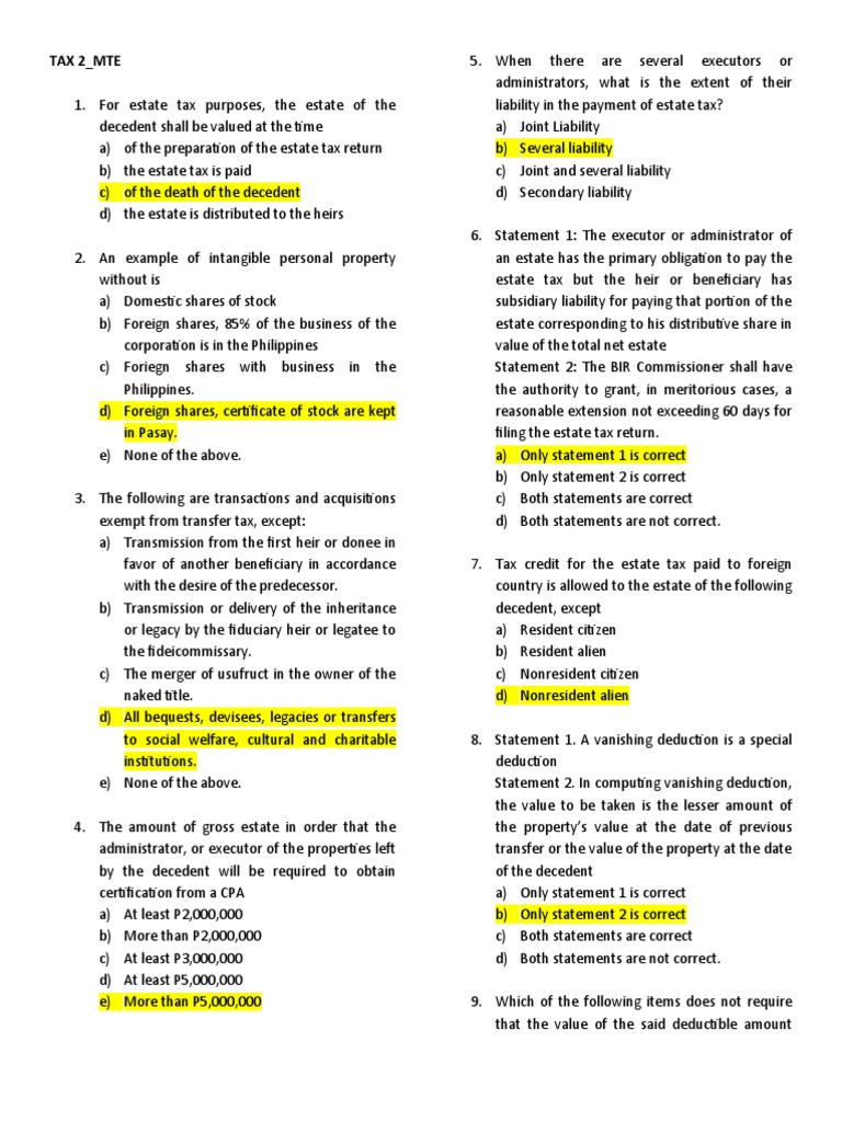 Tax2 Quiz-Reviewerr | PDF | Estate Tax In The United States | Taxes