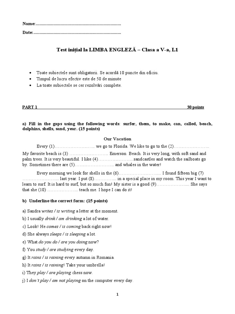 Test initial, LIMBA ENGLEZA clasa V-a | PDF | Cognitive Science | Cognition