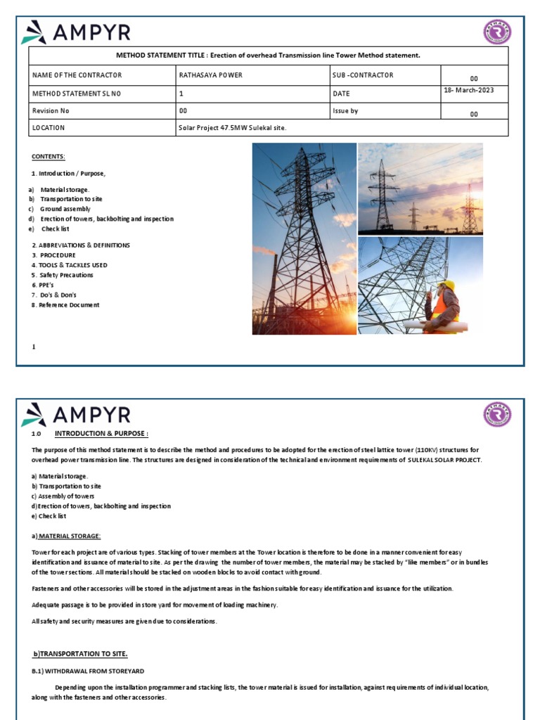 METHOD STATEMENT Transmission Line PDF | PDF | Crane (Machine) | Screw