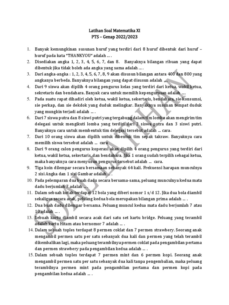 Latihan Soal PTS Genap Matematika XI 22-23 | PDF