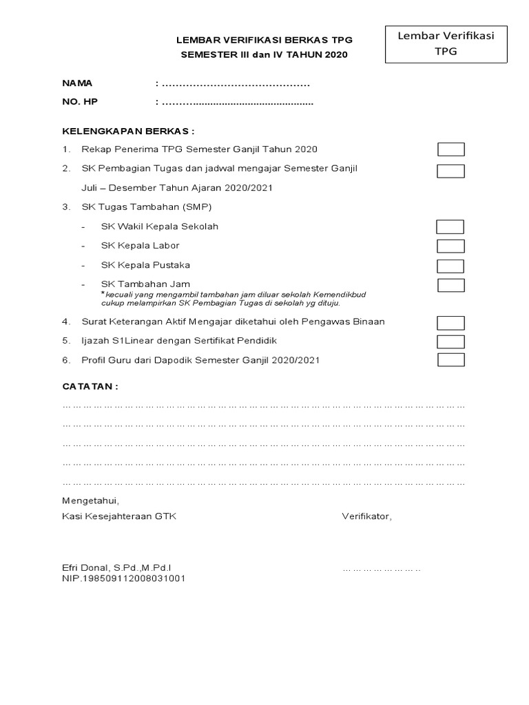 LEMBAR VERIFIKASI BERKAS TPG BARU | PDF