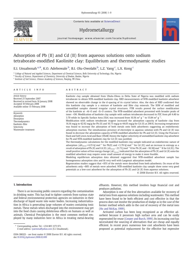 Adsorption of PB (II) and CD (II) From Aqueous Solutions Onto Sodium | PDF | Adsorption | Ionic ...