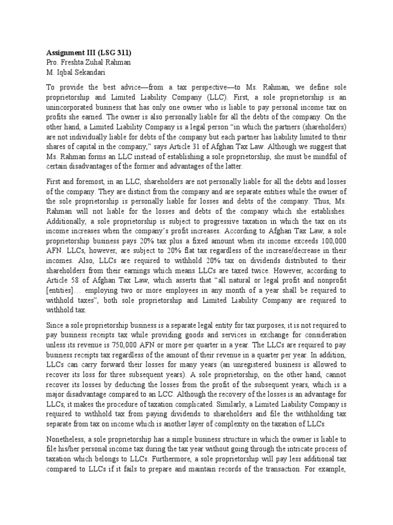 Assignment III-LGS311-12th-DEC | PDF | Limited Liability Company | Taxes
