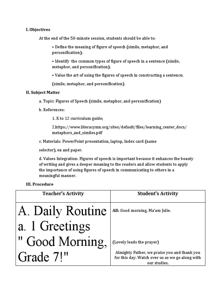 Detailed Lesson Plan in English Grade 7 | PDF | Metaphor | Anthropomorphism