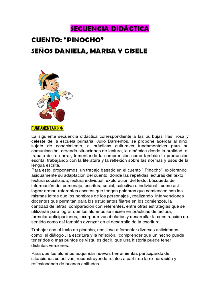 Secuencia Didáctica Cuento: "Pinocho" Seños Daniela, Marisa Y Gisele | PDF