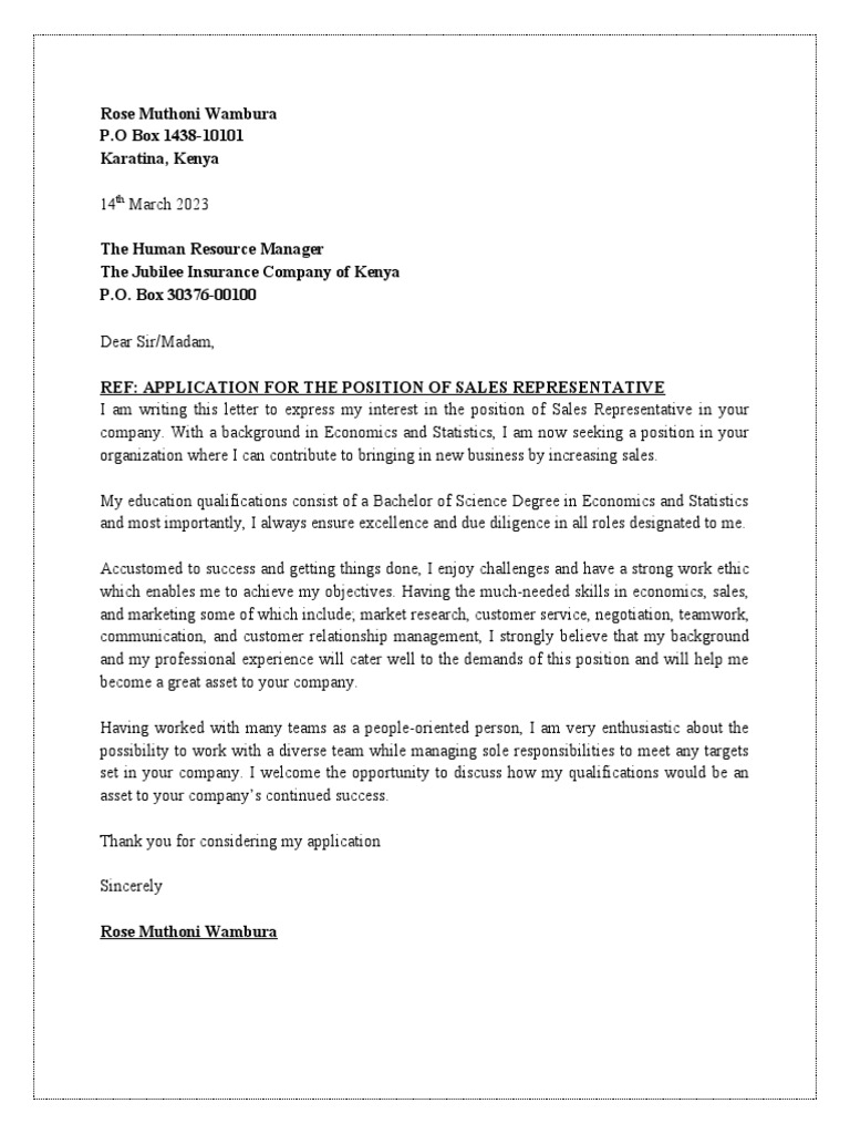 Application for Sales Representative Position | PDF | Career & Growth ...