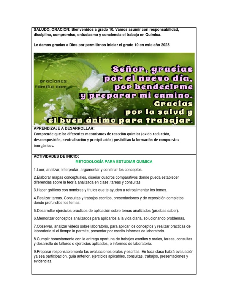 Primera Guia Grado 10-2023 | PDF | Experimentar | Estequiometría