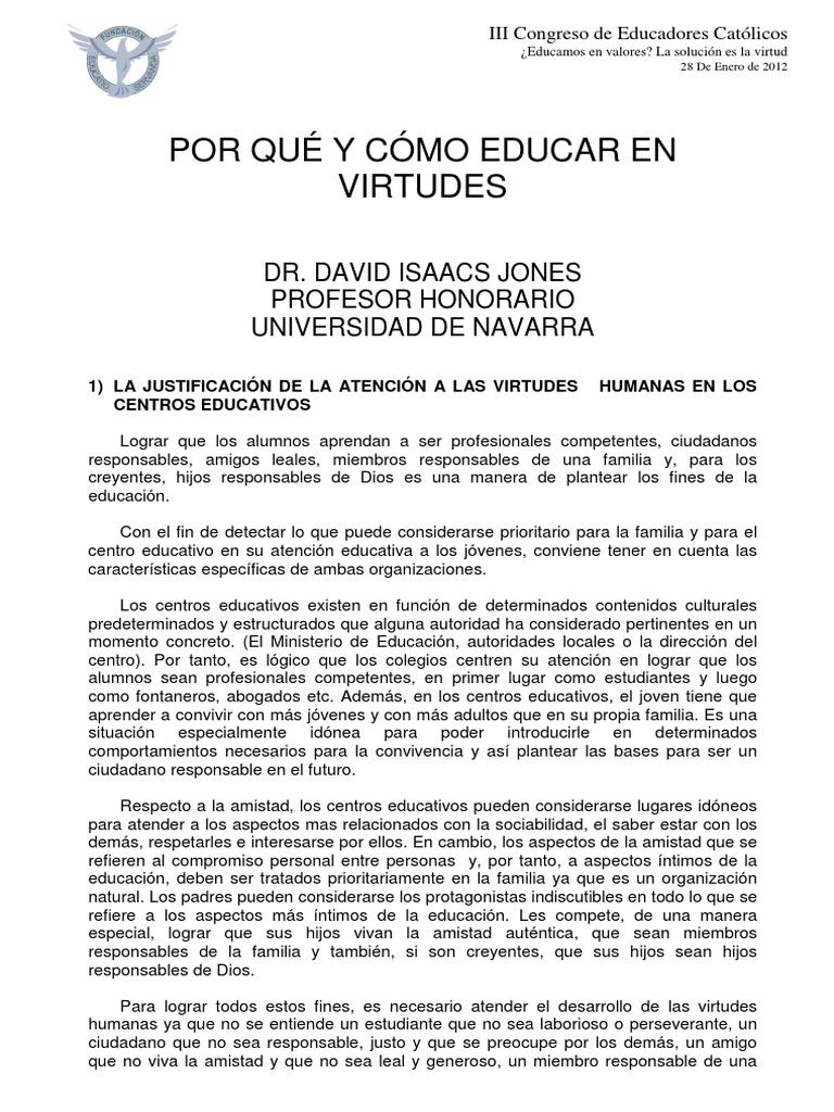 Por Qué y Cómo Educar en Virtudes David - Isaacs | PDF | Felicidad | Virtud