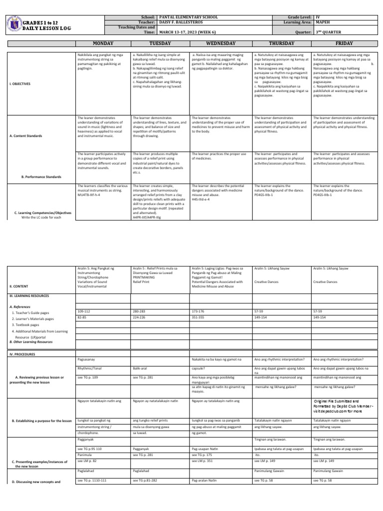 DLL - Mapeh 4 - Q3 - W6 | PDF