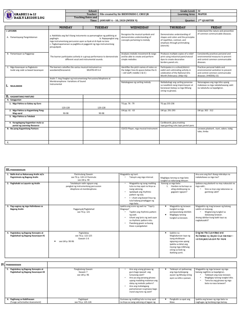 DLL - Mapeh 4 - Q3 - W9 | PDF
