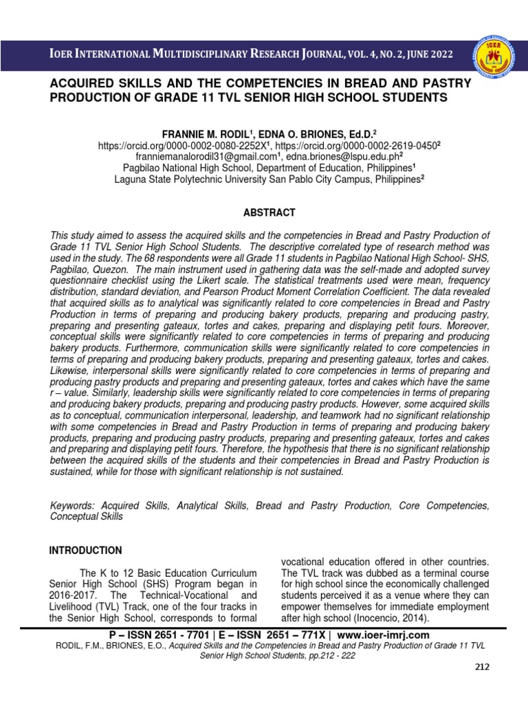 Acquired Skills and The Competencies in Bread and Pastry Production of ...