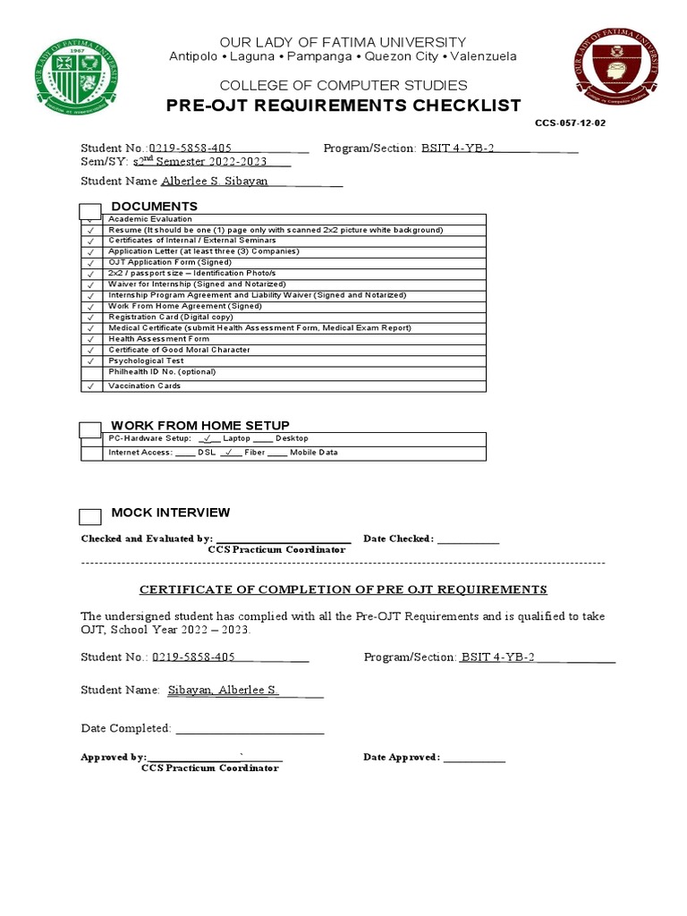 CCS-057-12-01 Pre-OJT-Requirements-Checklist 1-12-2023 | PDF