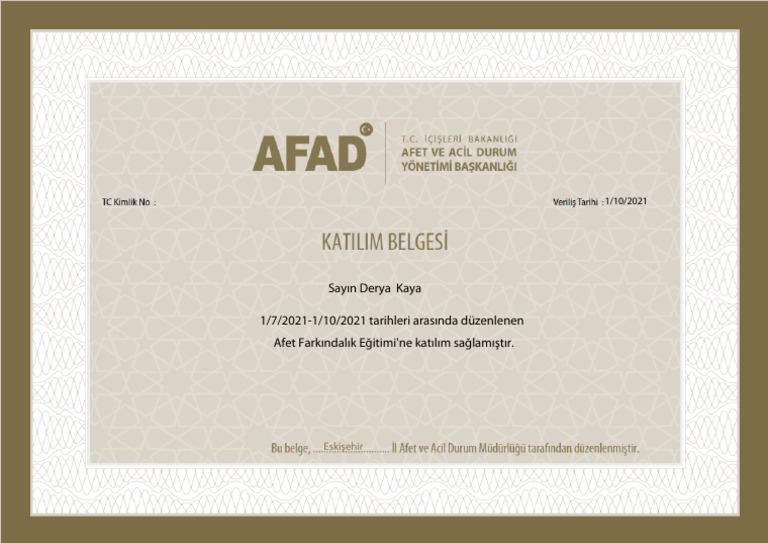 Afad Katılım Belgesi PDF | PDF