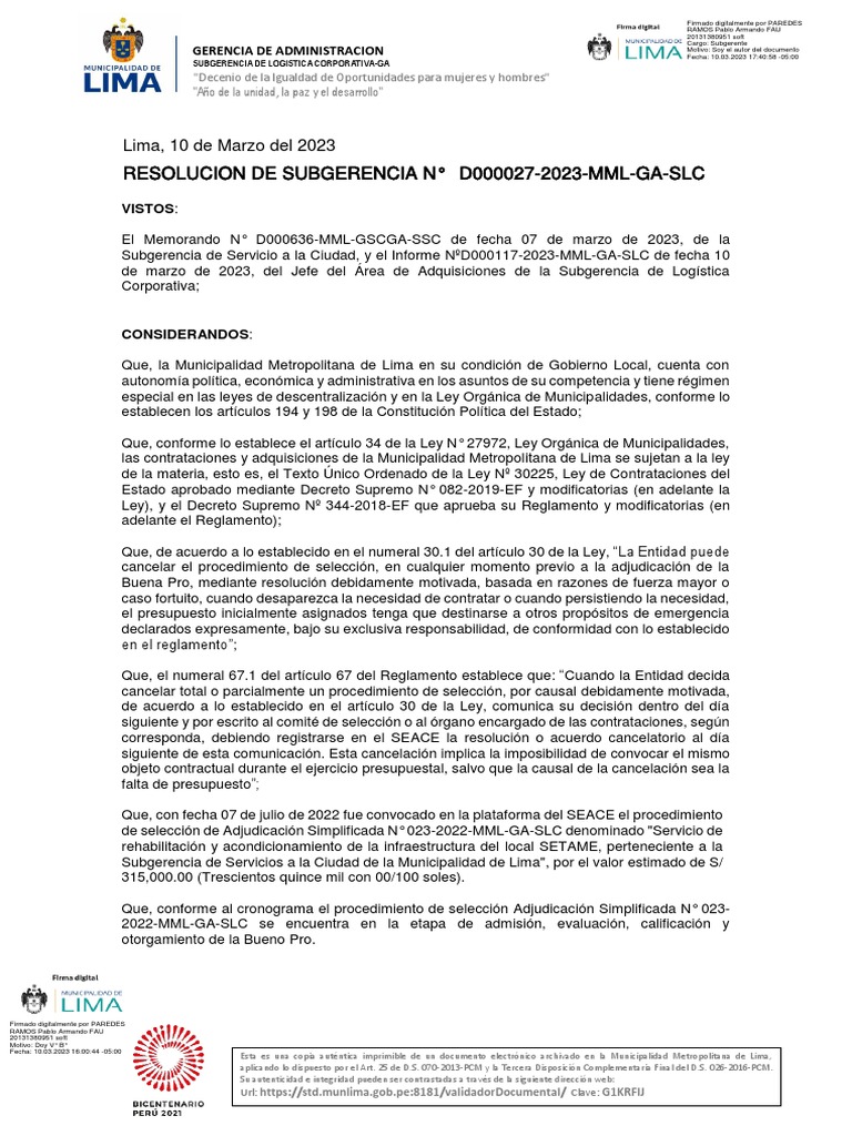 Resolucion de Subgerencia0000272023gaslc 20230313 090820 711 PDF | PDF ...