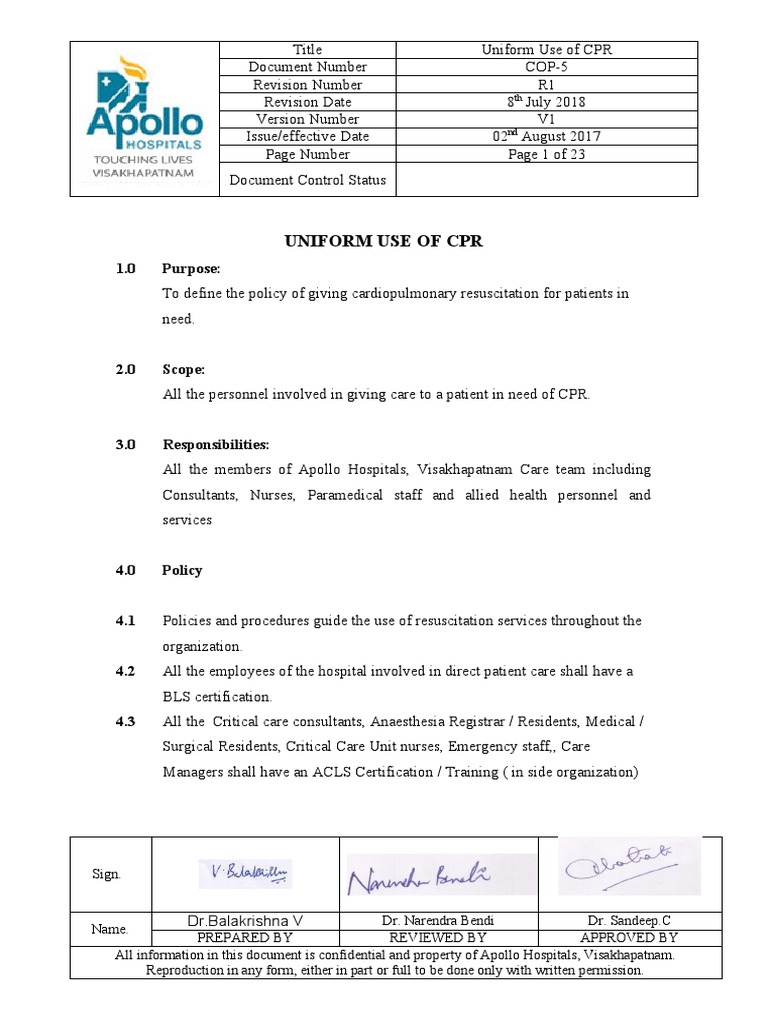 CPR Policy and Procedures at Apollo Hospital | PDF | Cardiopulmonary ...