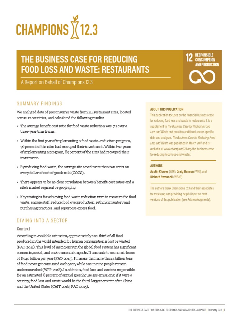The Business Case Reducing Food Loss and Waste Restaurants | PDF | Cost ...